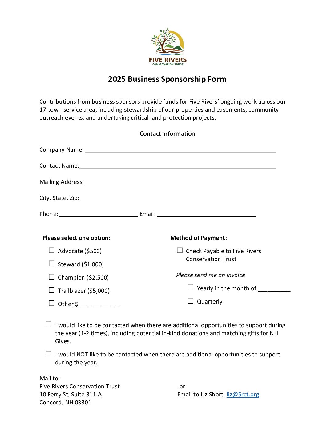 2025 Sponsor Return Form - Five Rivers Conservation Trust